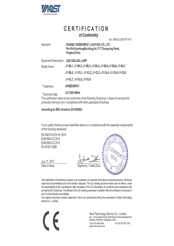 Certificate - Ningbo Greenergy Lighting Co., Ltd.